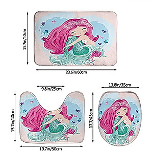 Wondertify Mermaid Bathroom Antiskid Pad Little Cute Fantasy Fish Girl Fishes Seashells 3 Pieces Bathroom Rugs Set, Bath Mat+Contour+Toilet Lid Cover