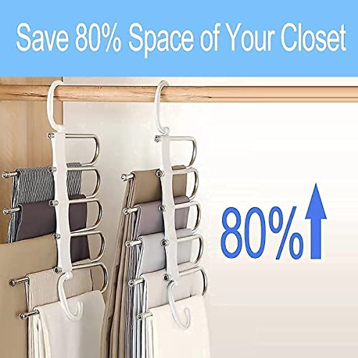 [Upgrade] Magic Pants Hangers Space Saving - 2 Pack for Closet Multiple Layers Multifunctional Uses Rack Organizer for Trousers Scarves Slack (White, 2 Pack)