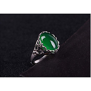 Duan 925 Sterling Silver Green Agate Crystal Ring Emerald Vintage Inlaid Chalcedony Index Finger Opening Adjustable Female Ring
