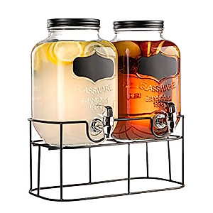 Royalty Art Dual Mason Jar Drink Dispensers with Metal Stand (4-Liters Each) Leakproof, Easy-Pull Spigots and Screw-On Lids Clear, Heavy-Duty Glass Chalkboard Sticker Labels