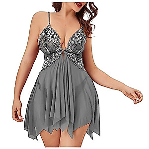 Plus Size Lingerie For Women Sexy, Front Closure Babydoll Lace V Neck Mesh Sleepwear Lingerie Sexy Pjs Womens Pajamas Sleep Wear Ladies Lingerie Party Cute Kimono Pajamas (3XL, Gray)