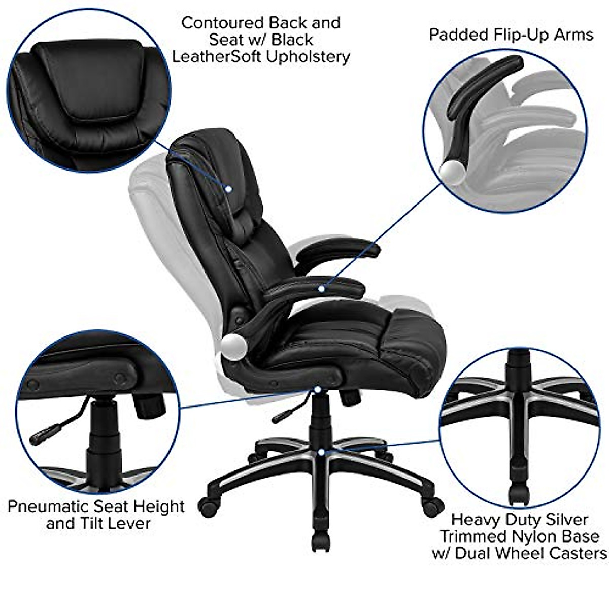 Flash Furniture Hansel High Back Black LeatherSoft Executive Swivel Office Chair with Double Layered Headrest and Open Arms