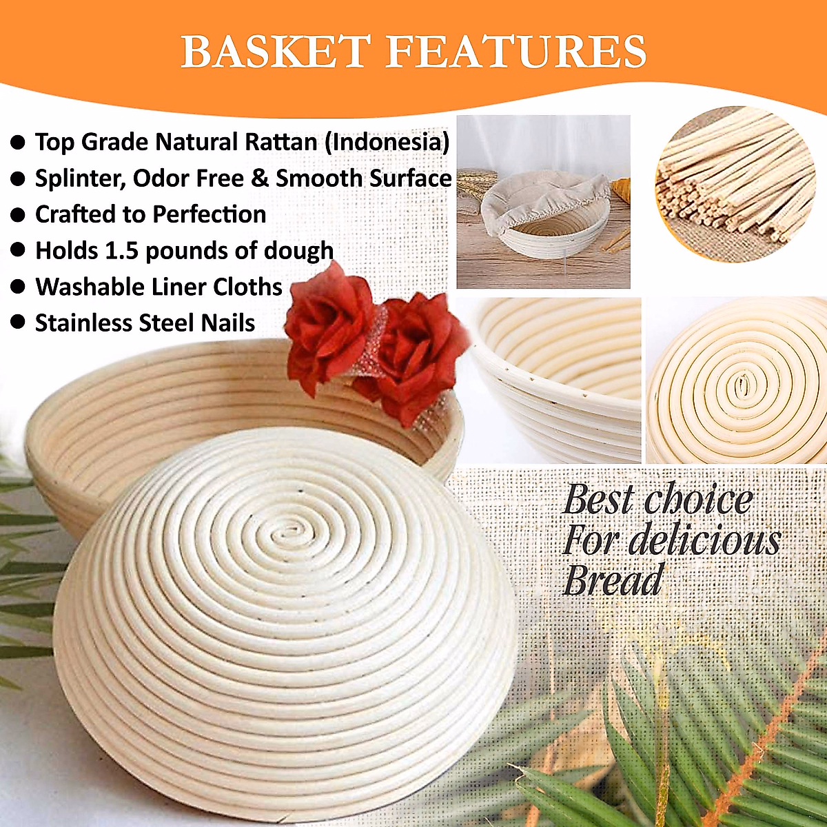Banneton Bread Proofing Basket set-A complete Sourdough Proofing Basket kit of 9 Inch Round and 10 Inch Oval Bread Baskets with Cloth Liners Dough Scrapers Dough Whisk Bread Lame and Cleaning Brush