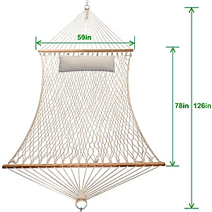 Y- STOP Hammocks, Traditional Cotton Rope Hammock with Chains and Hooks for Outdoor, Indoor, Patio Yard, Double Solid Wood, for Two Person, Max 440 Lbs (Natural)