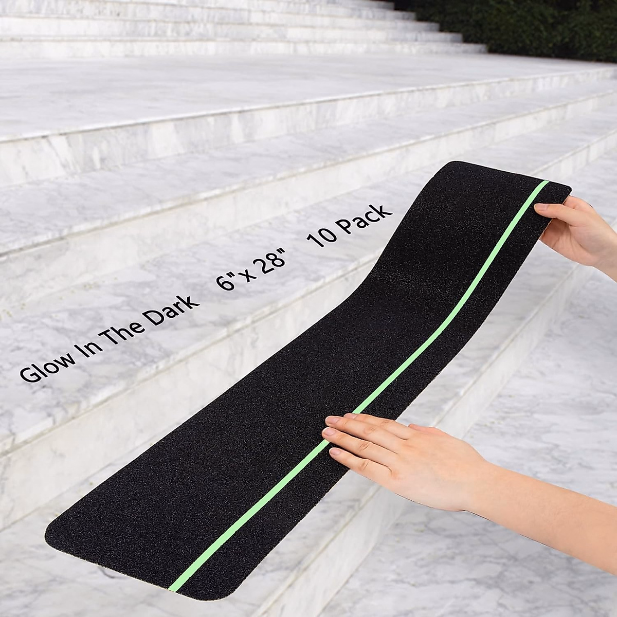 Q-Hillstar Non Slip Stair Treads with Glow in Dark Stripe (10-Pack), 6" X 28" Waterproof Non Slip Stair Tape, Outdoor Stair Treads Non-Slip, High Traction Friction Abrasive Adhesive Tape