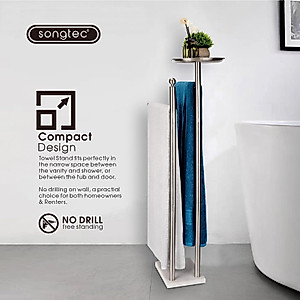 Songtec Towel Rack Stand for Bathroom, 2-Tier Towel Holder Stand for Bath Towels Max to 68” & 60” Long, Practical Shelf on Top for Phone, Shampoo, Body Wash