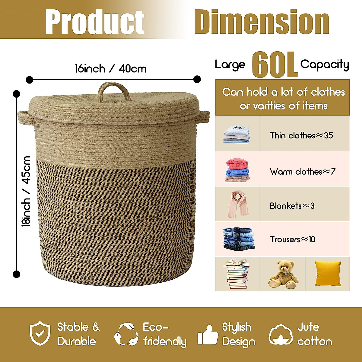 Extra Large Storage Basket with Lid 60L, 16"Wx18"H Woven laundry basket with lid Jute Laundry Basket, Wicker Basket Blankets Pillows Storage in Living Room Baby Nursery, Jute/Black Mix with Lid
