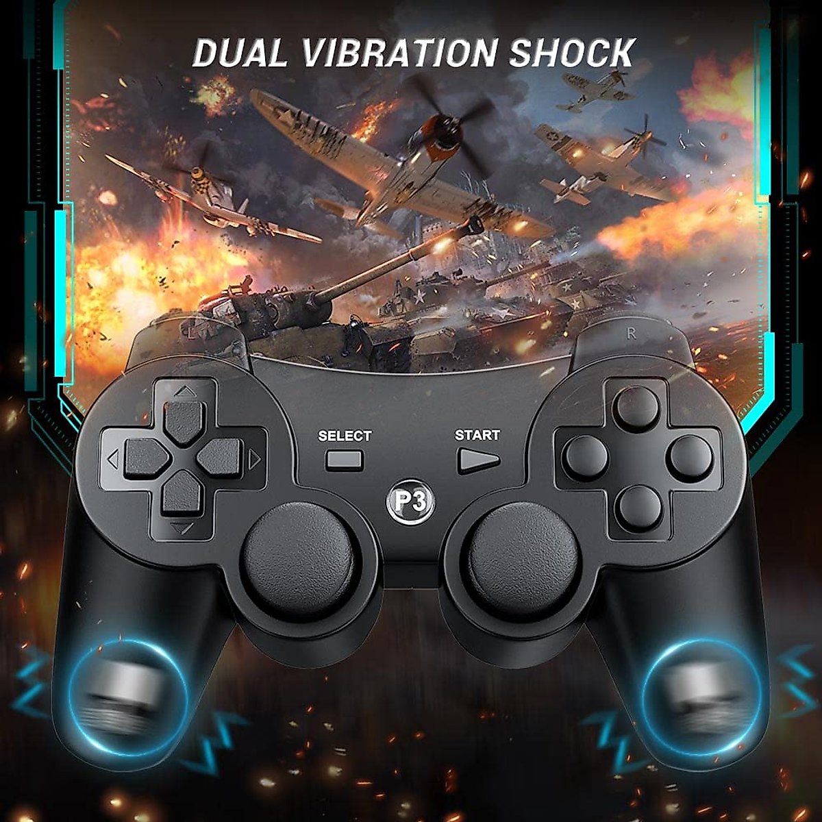OKHAHA Controller 2 Pack for PS3 Wireless Controller for Sony Playstation 3, Double Shock 3, Bluetooth, Rechargeable, Motion Sensor, Remote for PS3 (No Stripes(Black + Blue))
