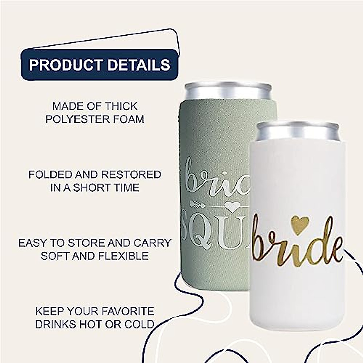 PartyGifts&Beyond 10Packs Bridesmaid Can Cooler, Bride Squad Can Sleeve for Bachelorette Party Decoration Slim Can Koozies(Sage Green)