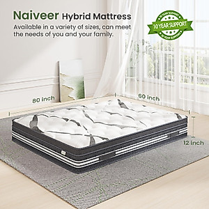 Naiveer Queen Mattress 12 Inch, Memory Foam Mattress with Innerspring, Queen Size Mattress in A Box, Hybrid Mattress Queen CertiPUR-US Certified, Medium Firm Mattress for Back Pain & Overweight