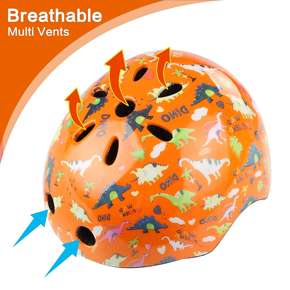 Besmall Cute Kids Bike Helmet Ages 3-7 Boys Girls Adjustable Safety & Comfort Toddler Helmets for Bike Cycle Skating Orange Dinosaur World