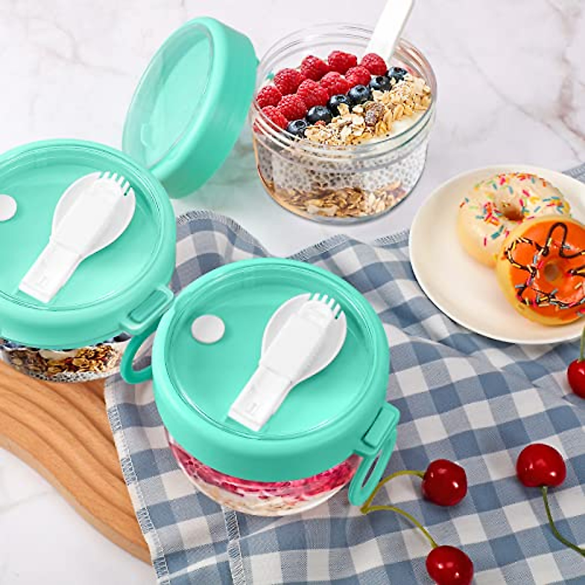 4 Pcs Overnight Oats Container with Lids and Spoons, 20 oz Plastic Overnight Oats Jars Large Capacity Airtight Yogurt Container for Milk, Fruit, Cereal and Salad Storage (Cyan)