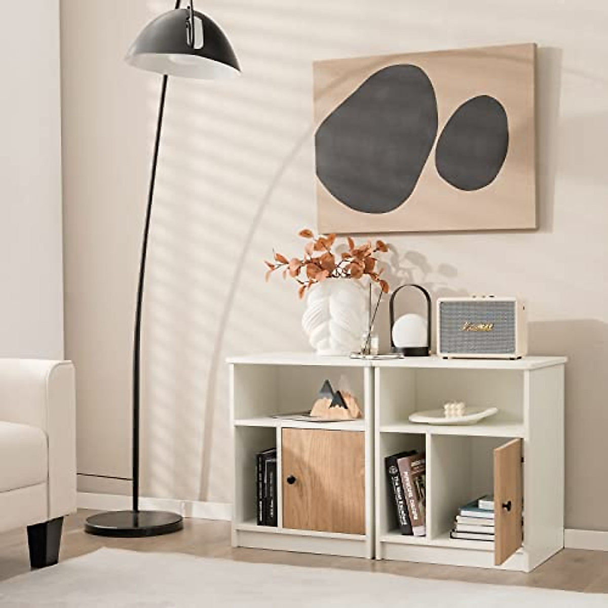 Tangkula Nightstand Set of 2, Wooden Sofa Side End Table with Bamboo Door & Open Compartments, Multifunctional 3 Tier Bedside Table for Bedroom, Accent Table with Storage (2, White)