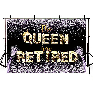 AIBIIN 7x5ft The Queen Has Retired Backdrop Happy Retirement for Woman Farewell Party Purple Black Gold Glitter Diamond Champagne Crown Background Officially Congrats Retire Decoration Banner Props
