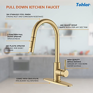 Tohlar Gold Kitchen Faucets with Pull-Down Sprayer, Modern Kitchen Sink Faucet Stainless Steel Single Handle Kitchen Faucet with Deck Plate, Brushed Gold