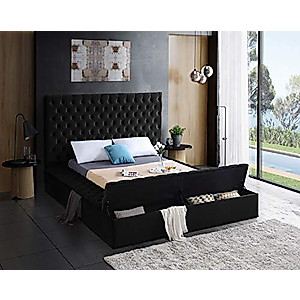 Meridian Furniture Bliss Collection Modern | Contemporary Velvet Upholstered Bed with Deep Button Tufting and Storage Compartments in Rails and Footboard, Black, Queen