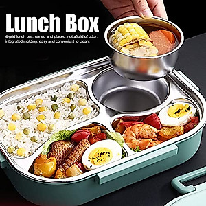 Raviga Stainless Steel Lunch Box 4 Compartments Portable Bento Box for Kids Student or Adult Food Storage Containers with Lids Airtight Soup Bowl & Tableware Large Capacity 50-oz(Green)