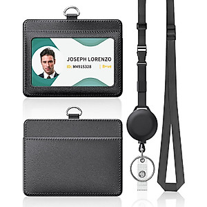 Uniclife Horizontal Leather ID Badge Holder and Retractable Adjustable Lanyard Breakaway Neck Lanyard with Retractable Badge Reel Quick-Release Buckle and Card Protector for Workers Students Employees
