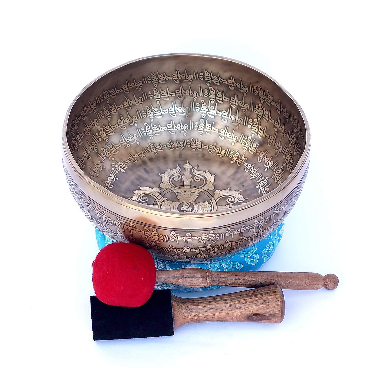 10-Inch Tibetan Mantra Nine Metal Handmade Singing Bowl ~Deep Sound~ for Professional use of Meditation, Sound Therapy and Healing- Ohm Mane Padme Ohm hand carved~ Included Mallet, Cushion & Drumstick