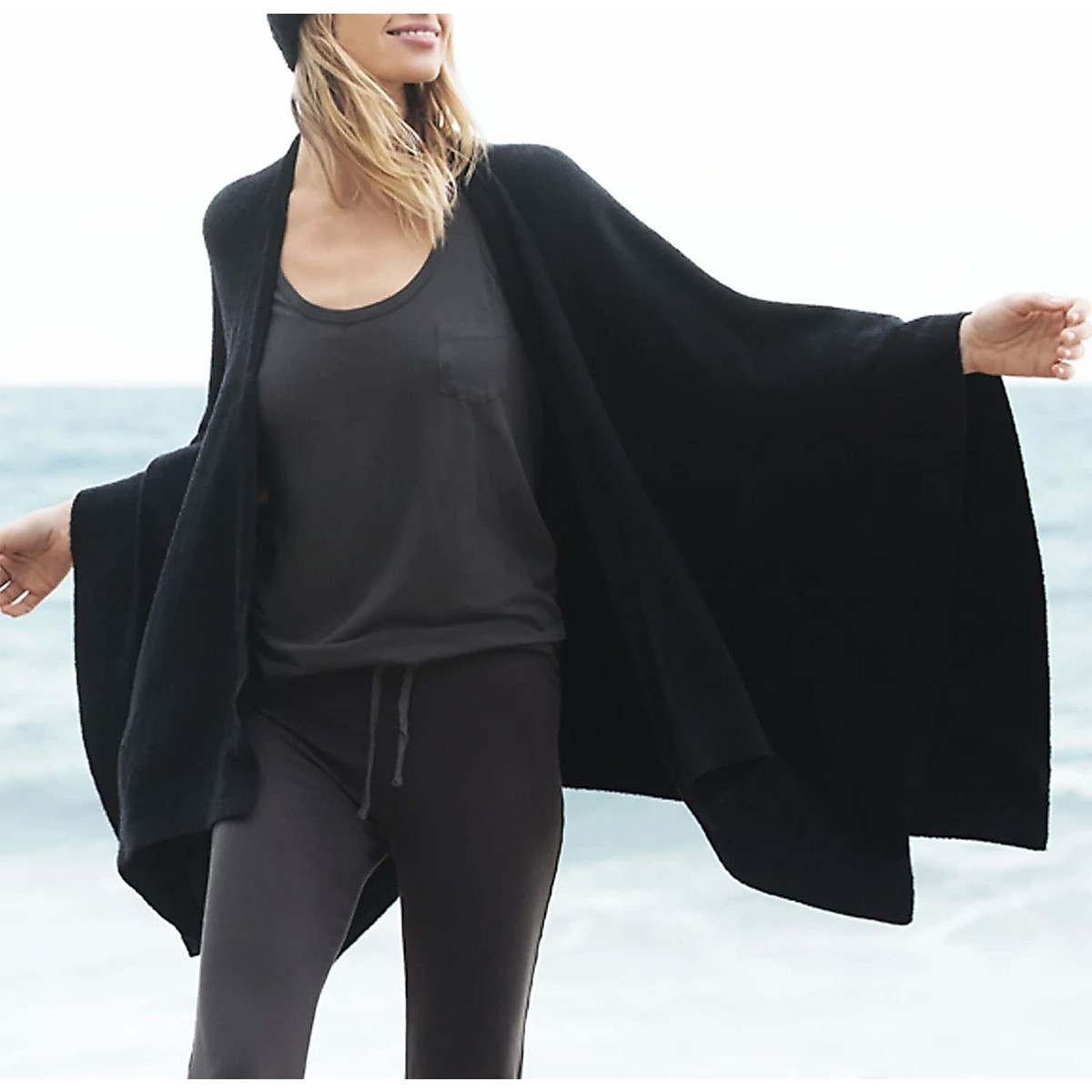 MissShorthair Women's Lightweight Knitted Scarf Poncho Sweater Cape Shawl Versatile Spring Summer Ponchos Wraps Black