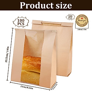 Dualshine 100 Pcs Bread Bags for Homemade Bread Sourdough Bread Bags Paper Kraft with Window Bread Bags 14" x 8.3" x 3.5" with Tin Strip and 500 Pcs Seal Stickers for Cookies Coffee Beans and Bakery