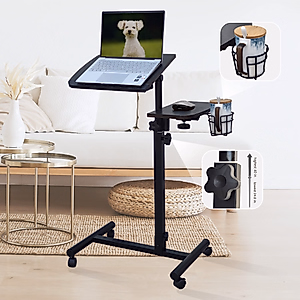 LvnRaay Height Adjustable Laptop Sit to Stand Up Desk with Wheels Cup Holder, Overbed Table with Wheels Adjustable Height Mobile Laptop Stand Desk, 40'' Rolling Desk Laptop Stand for Couch (Black)