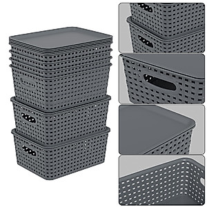 Yarebest 6-Pack Small Plastic Woven Storage Basket with Lid, Grey Basket Bin