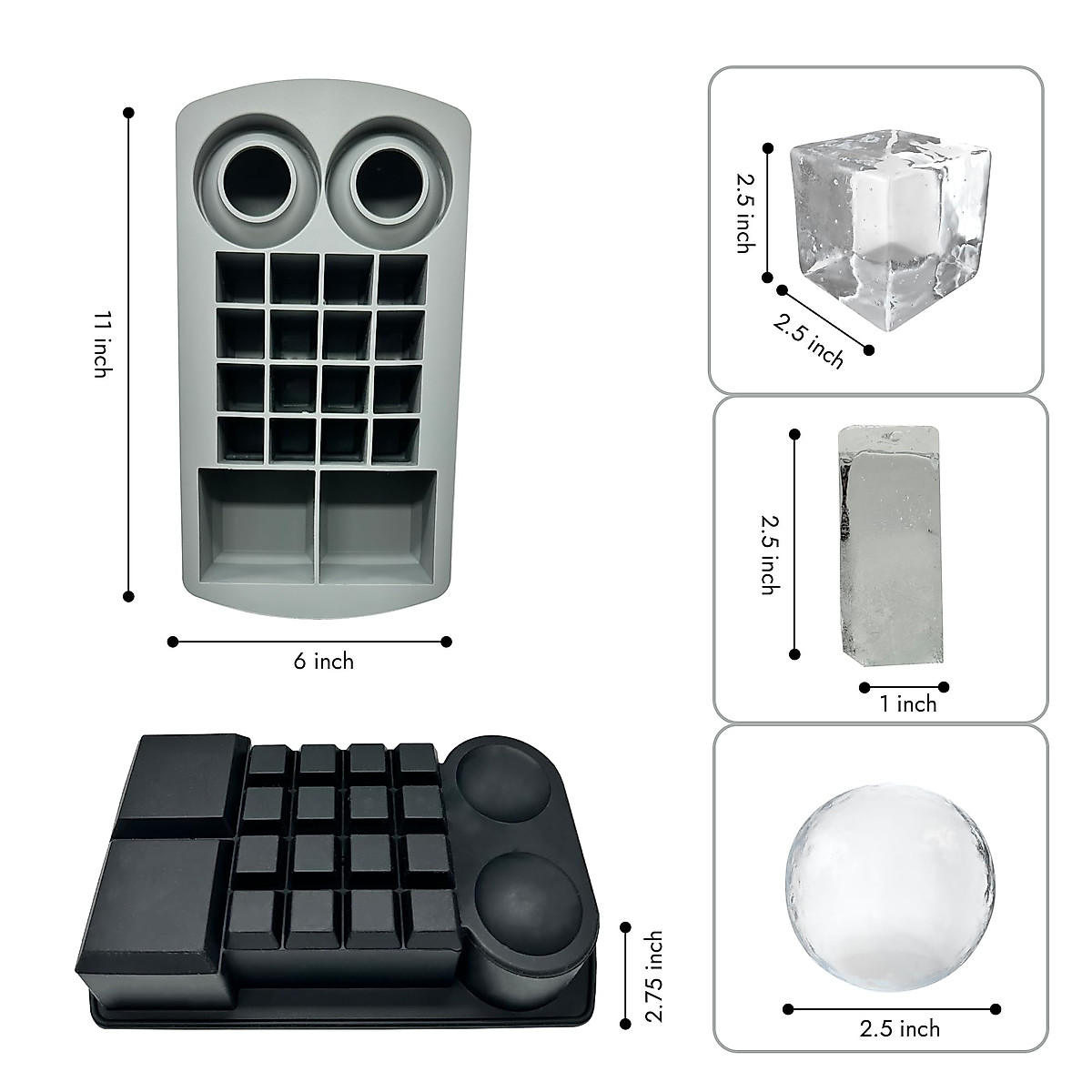 PAQUITAS HOME 3-in-1 Ice Tray: Sphere, Rectangle, and Square Shapes with Lid - Non-Toxic - BPA Free Silicone Mold for Perfect Cocktails and Soft Drinks - Black