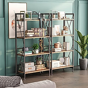 Borzer Folding Bookshelf No Assembly Bookcase Industrial Storage Shelves (Rustic Brown, 4 Tier)