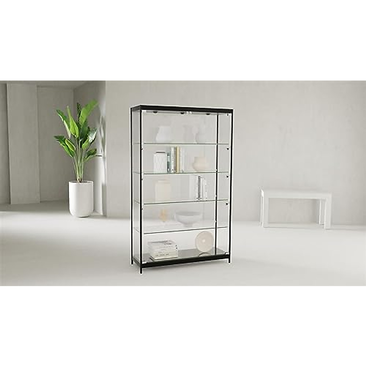 Displays2go 48 Inch Glass Display Case, Nine LED Lights, Four Shelves, Lockable Hinged Doors - Black (LESC4816BK)