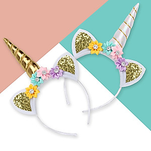 AHIER Unicorn Headband, Unicorn Horn Headbands, Gold and Silver Glitter Hairbands for Party