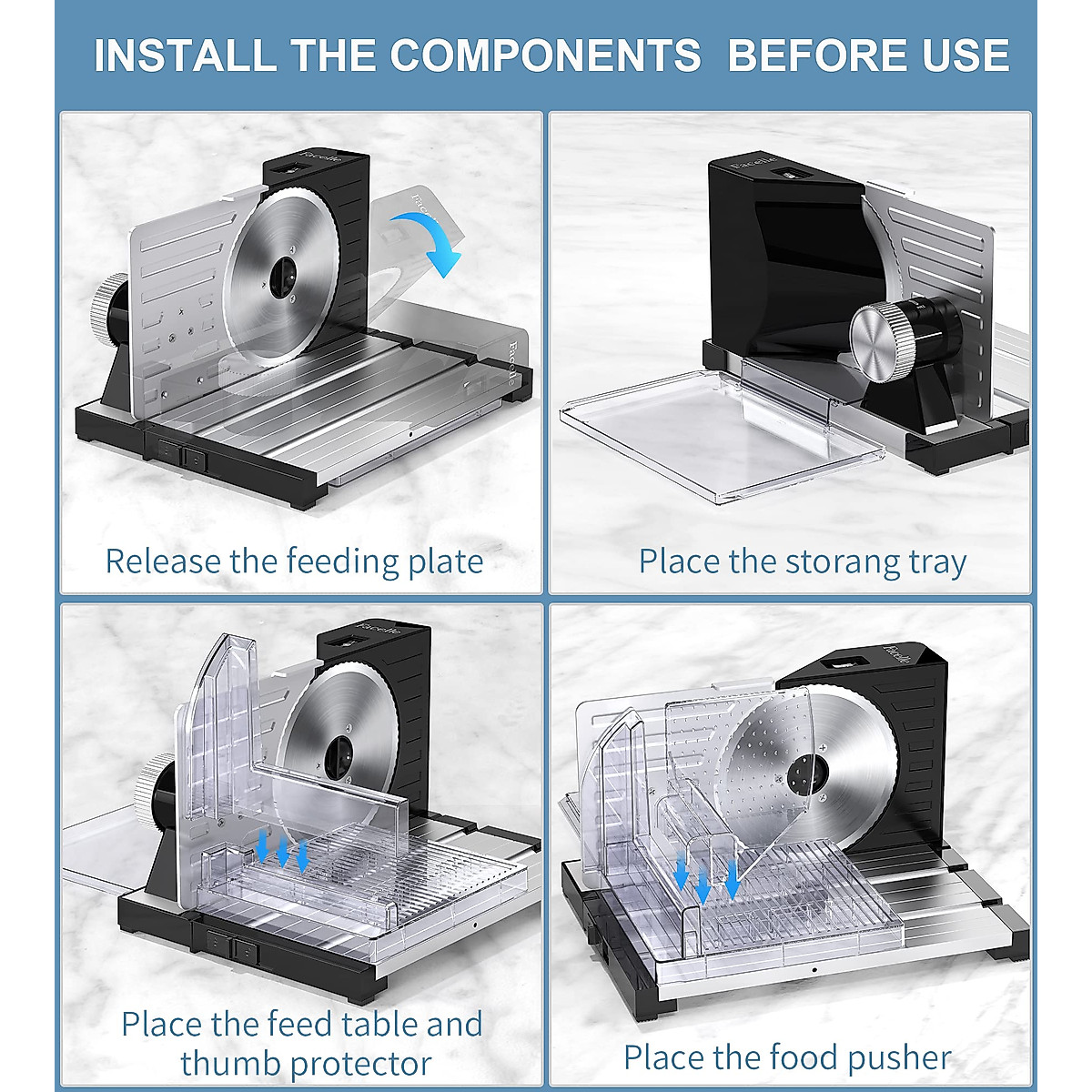 Meat Slicer, Electric Deli Meat Slicer for Home Facelle, 0-18mm Adjustable Thickness Electric Food Slicer Machine with Removable Stainless Steel Blades, Foldable and easy to store
