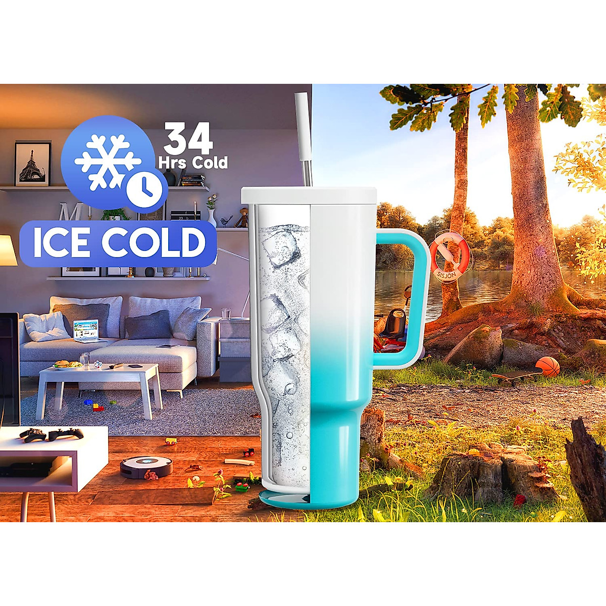 Meoky 40oz Tumbler with Handle, Leak-proof Lid and Straw, Insulated Coffee Mug Stainless Steel Travel Mug, Keeps Cold for 34 Hours or Hot for 10 Hours (Azure)