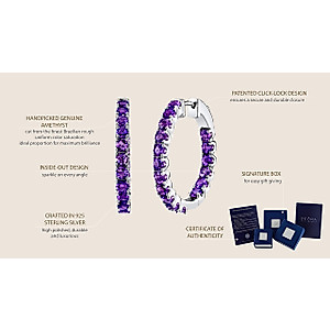 Peora Amethyst Hoop Earrings for Women in Sterling Silver, Inside-Out Design, Natural Gemstone Birthstone, 3.50 Carats total Round Shape, Click Lock