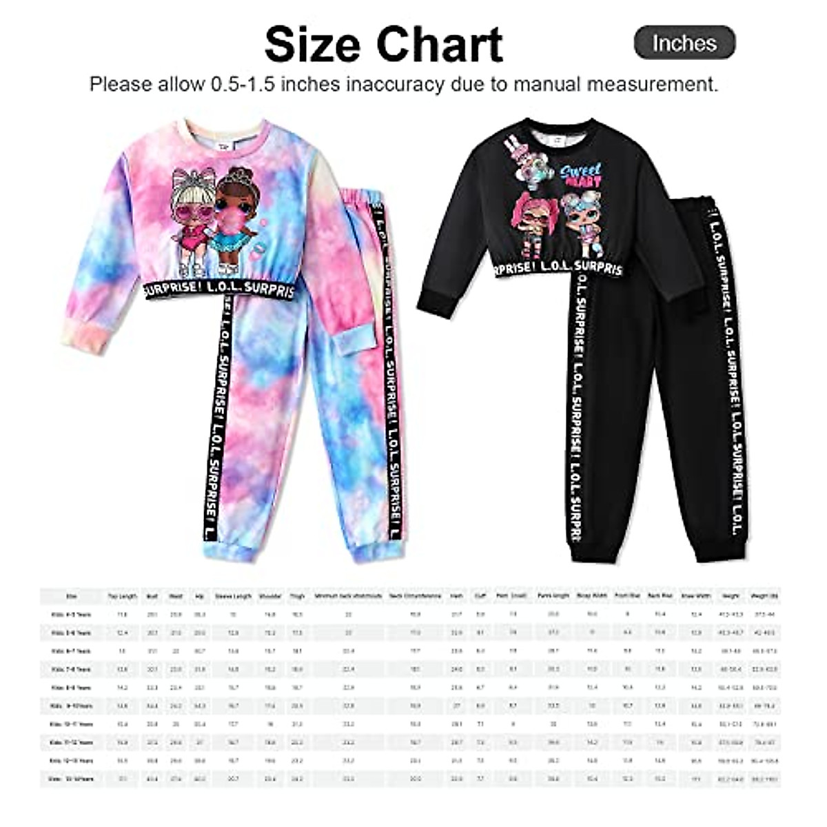 L.O.L. Surprise! Girls Clothes Crop Top and Pant Long Sleeve Doll Print Tie dye Sweatshirt Leggings Girls Outfits Sets 2Pcs Black 6-7 Years
