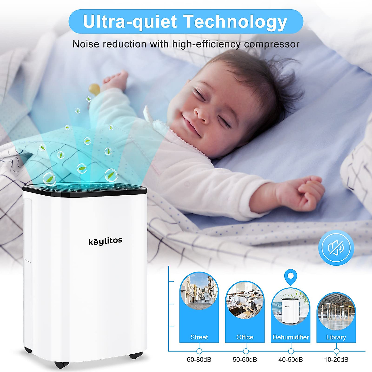 Keylitos 12L Day Dehumidifiers for Home and Basements,Quiet Dehumidifier with Drain Hose, with Digital Humidity Display, Auto or Manual Drainage for Large Room, Garage, Bedroom, Bathroom