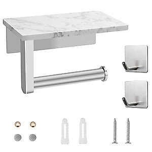 Hronta Toilet Paper Holder with Marble Shelf, SUS304 Stainless Steel Wall Mounted Toilet Paper Holder and 2PCS Adhesive Hooks for Bathroom Washroom, Marble Top Toilet Paper Holder Brushed Nickel