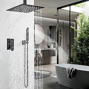 Shower Faucet Set Matte Balck Rain Shower System with High Pressure 8 Inches Rain Shower Head and Handheld Spray Bathroom Luxury Rain Mixer Shower Faucet Set Complete Combo Set Ceiling Mounted