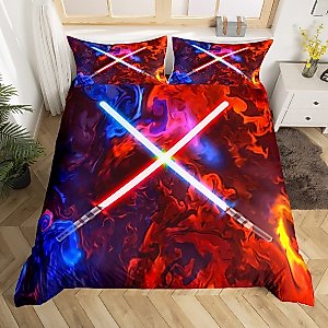 Feelyou Lightsaber Duvet Cover Lightning Red Blue Smokey Galaxy Bedding Set Future Technology Comforter Cover for Boys Girls Children Teens Bedroom Decor Bedspread Cover Queen Size with 2 Pillow Case