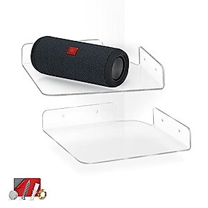 BRAINWAVZ 2-Pack 8” Corner Floating Shelf for Speakers, Books, Decor, Plants, Cameras, Photos, Kitchen, Bathroom, Routers & More Universal Small Holder Acrylic Wall Shelves (Clear)
