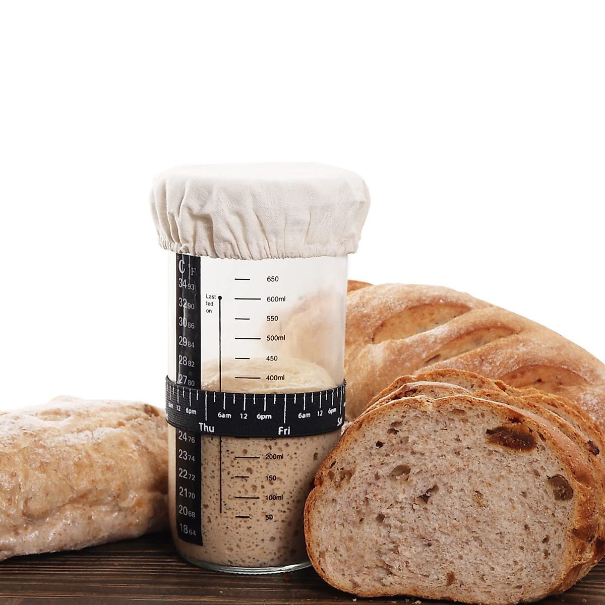 HKCDUUT Sourdough Starter Jar for Sourdough Bread Baking, Sourdough Starter Kit With Date Marked Feeding Band, Thermometer, Scraper, Sourdough Container Sewn Cloth Cover & Metal Lid (730ml/24Oz)