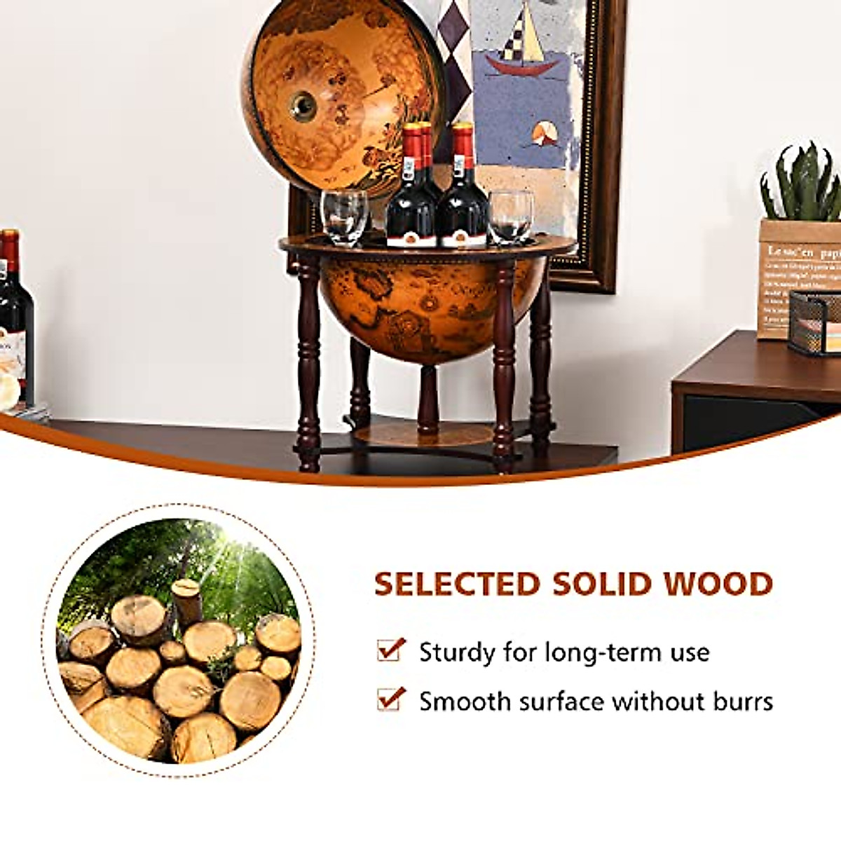 Goplus Tabletop 13” Globe Wine Bar Stand, 16th Century Italian Nautical Chart Liquor Cabinet with Bottom Shelf, Replica Globe Bar Cabinet Wine Rack for Dining Room & Living Room, Retro Brown