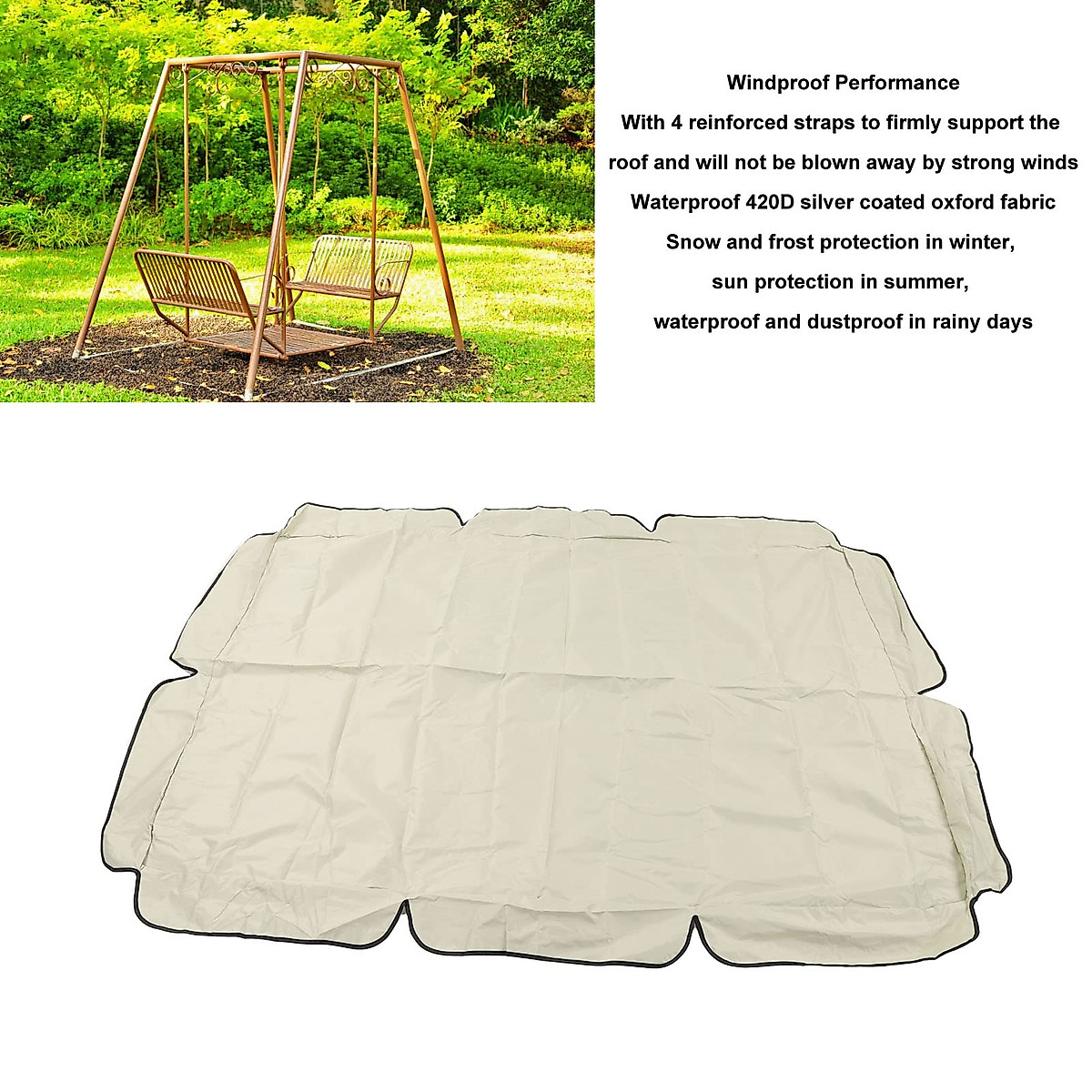Aqur2020 420D Silver Coated Oxford Fabric Swing Chair Canopy Waterproof Outdoor Swing Canopy Replacement Outdoor Garden Patio Seat Accessories (Beige)