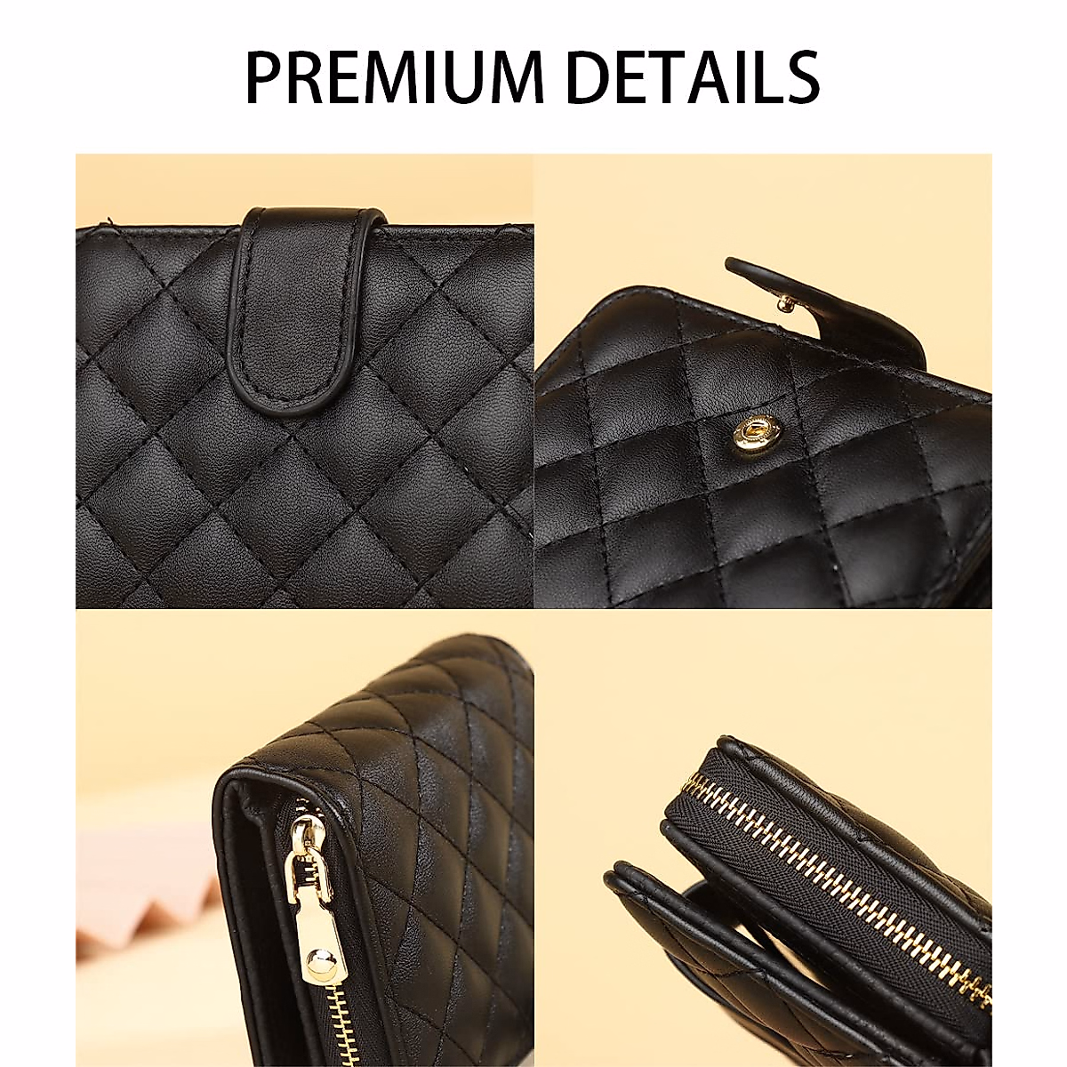 OANEXX Small Slim Lattice Wallet Leather RFID Blocking Coin Purse with Zipper Credit Card Holder and ID Card Window (Black)