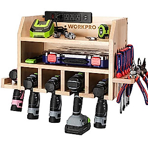 WORKPRO Power Tool Organizer, Cordless Drill Holder Storage Wall Mount with 5 Drill Hanging Slots, Screwdriver Rack, Solid Wooden Tool Storage for Garage, Workshop, Warehouse