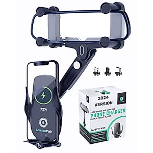 LoompaTech 2in1 Rear View Mirror Phone Holder + Wireless Car Charger 360 Rearview Mirror Phone Mount w/Automatic Clamping and Release, Rotatable & Retractable 15W Fast Wireless Charger for Car