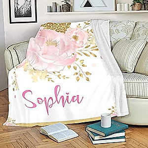 Custom Blanket Personalized Blush Floral Gold Soft Fleece Throw Blanket with Name for Gifts Sofa Bed (50 X 60 inches)