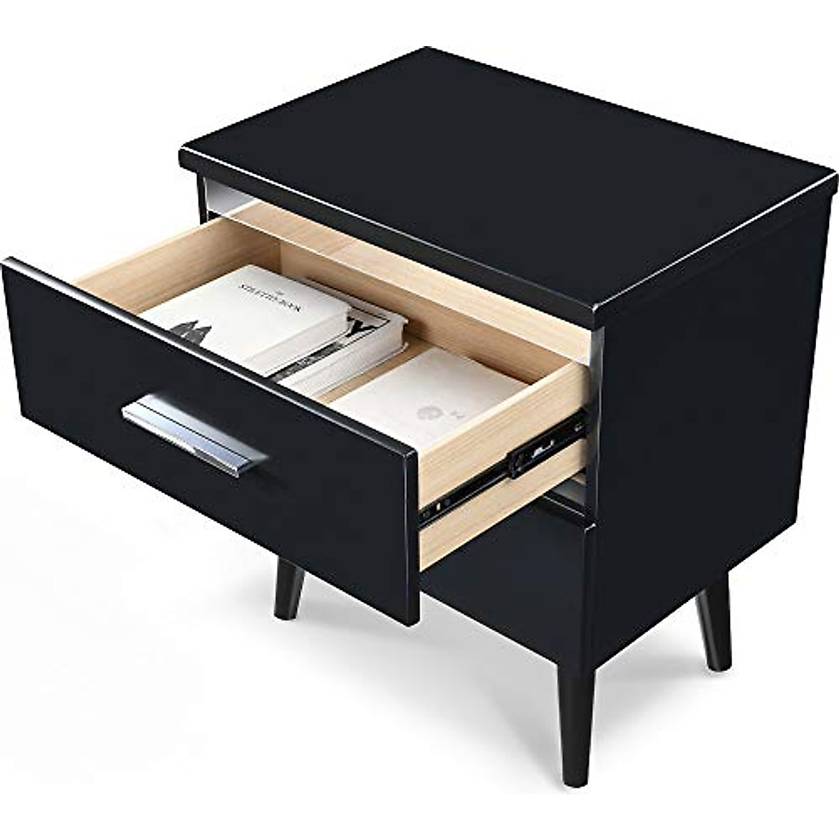 Adore Décor Lennox Mid-Century Side Table 2 Drawers Storage Nightstand, Matte Chrome Handle, Black