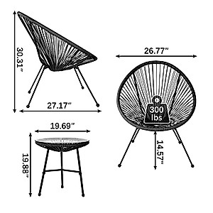 Arlopu 3-Piece Outdoor Acapulco Chairs Patio Conversation Bistro Set, with Plastic Rope, Glass Tabletop, All-Weather Rattan Woven Rope Mid-Century Modern Style Furniture Chat Set (Black)