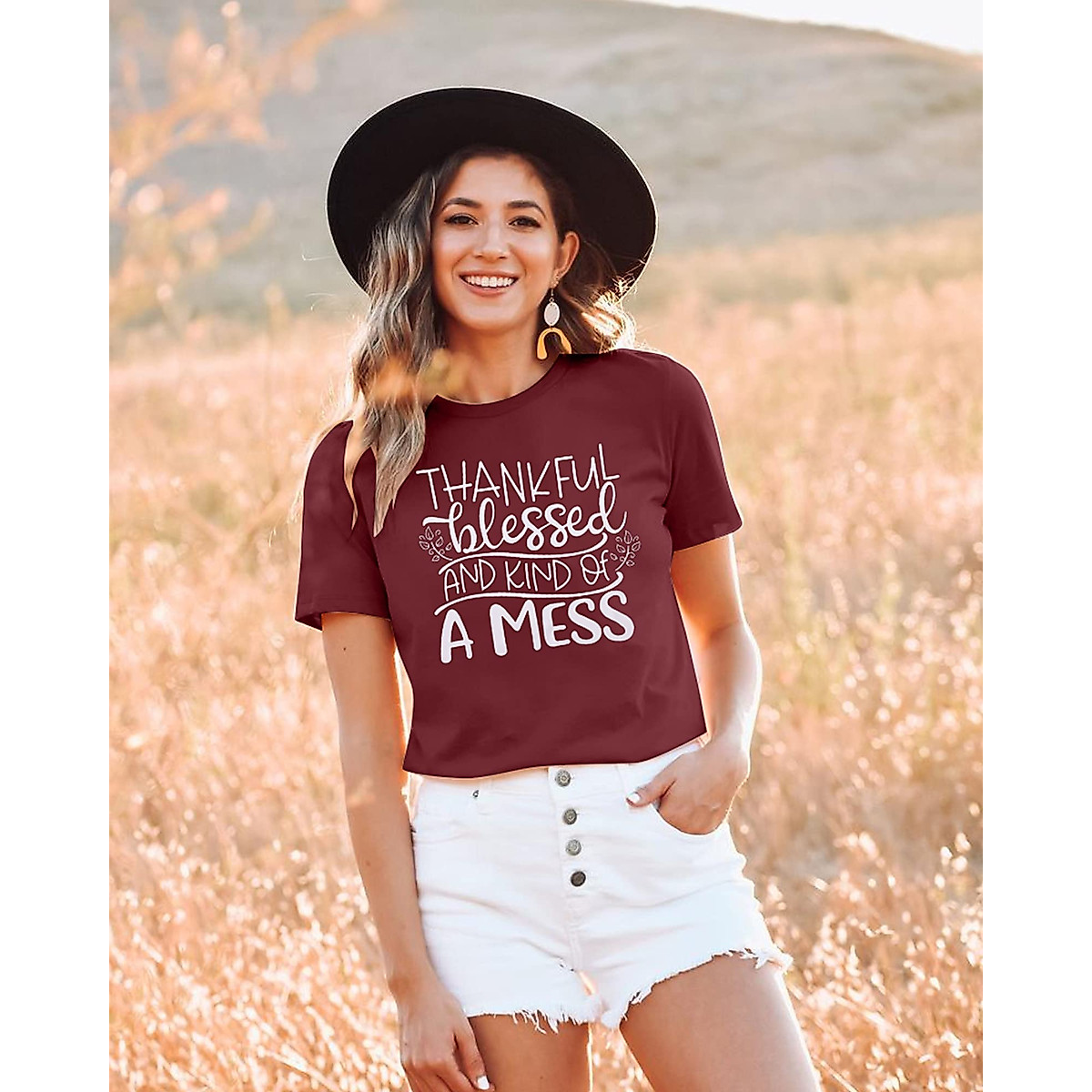 Thankful T Shirt Women Thankful Blessed and Kind of A Mess Shirt Casual Thanksgiving Tops (Red, S)